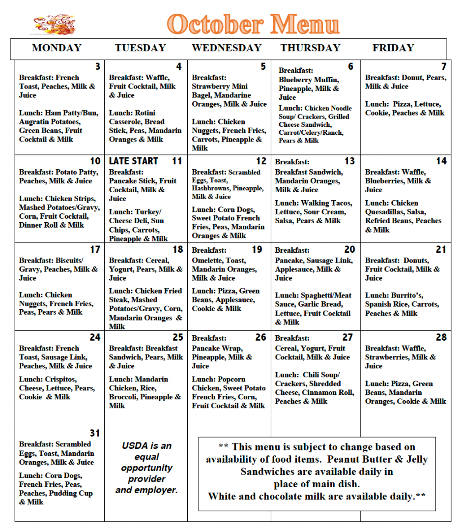 Fullerton Public Schools - October 2022 Lunch Menu